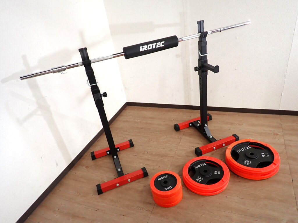 シャフトスタンドセット IROTEC アイロテック ラバー プレート 15kg×2 10kg×2 5kg×4 シャフト 180cm ワイドグリップ 筋トレ - リサイクルショップ良品企画-買取実績